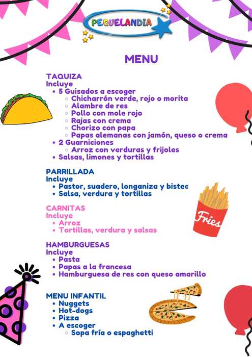 NUESTRO MENÚ :: Salón de fiestas infantiles Pequelandia